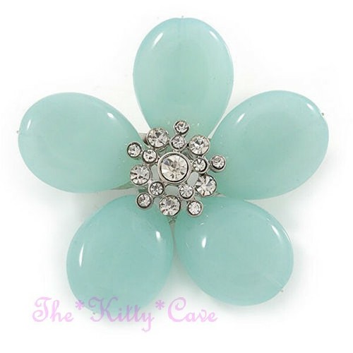 Large Silver Tone Pale Mint Green Opaque Floral Pin Brooch w/ Swarovski ...