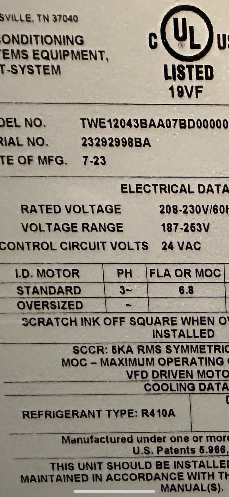 Trane Commercial 10 Ton Split System Air Handler, Single Circuit, 208 ...