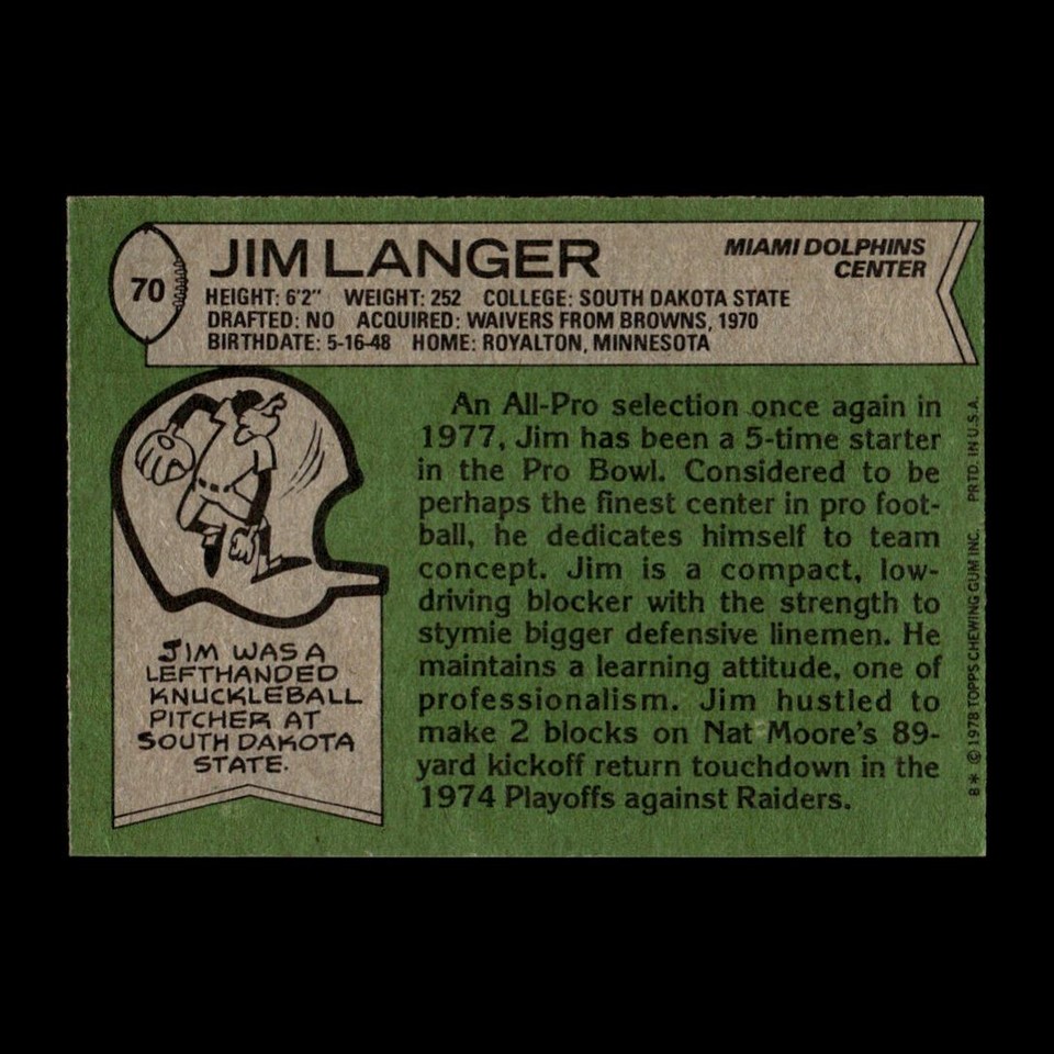 Jim Langer 1978 Topps Miami Dolphins #70 R308C 3 | eBay