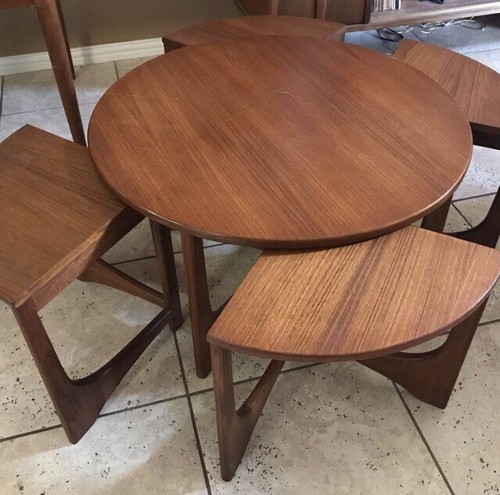 Stunning Sculpted Mid Century Teak Round Nesting Table with Chairs | eBay