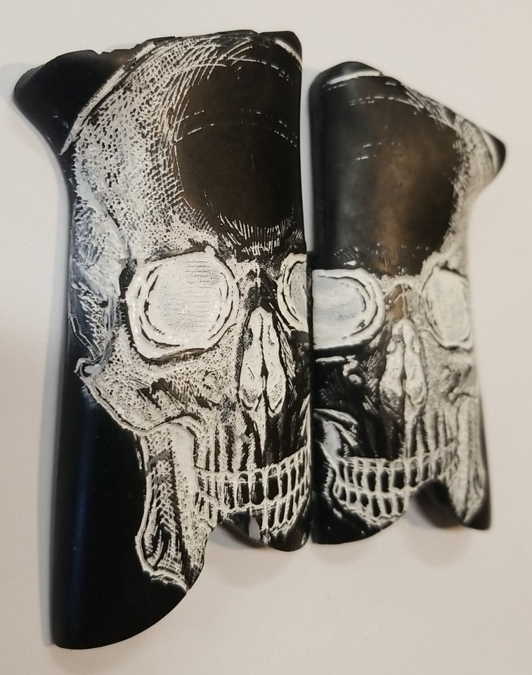 Ruger P89, P85, P90, P91 pistol grips black with white engraved skull ...