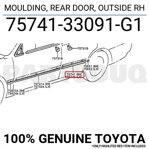 7574133091G1 Genuine Toyota MOULDING, REAR DOOR, OUTSIDE RH 75741-33091 ...