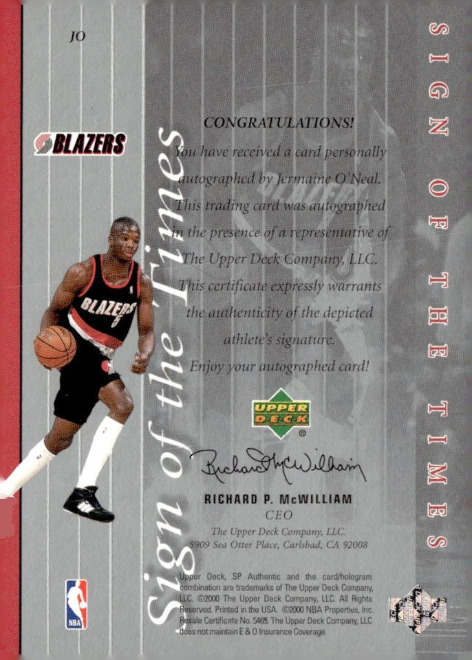 JERMAINE O'NEAL 1999 SP AUTHENTIC SIGN OF TIMES on card AUTO 🔥🔥BLAZERS ...