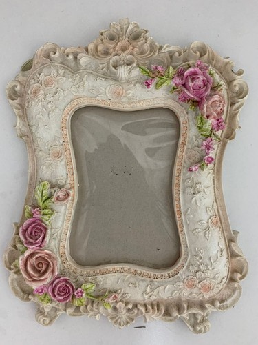 Vintage PICTURE FRAME Rose Encrusted Photo Free Standing pink rose home ...