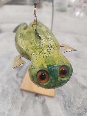 AMAZING VINTAGE MARKED FROG Spearing Decoy Hand Carved Ice Fishing Lure ...