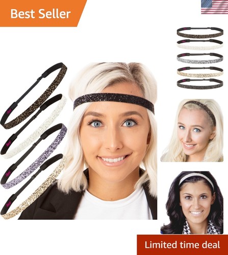 Stylish Bling Glitter Headband Set - Adjustable, Non-Slip, 5pk for ...