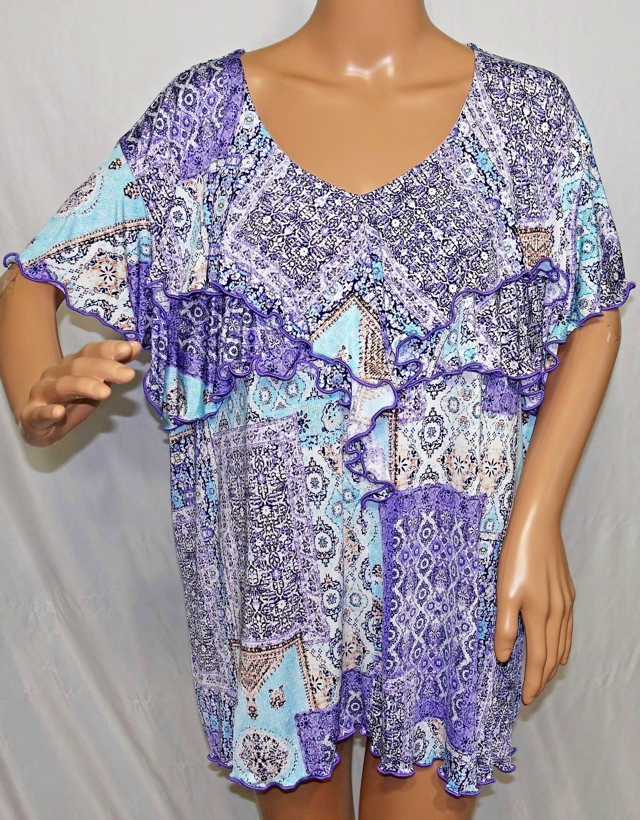 N Touch Women Plus Size 1x 2x 3x Purple Turquoise Ruffle Top Blouse ...