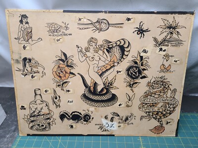 Vintage 60s Don Nolan Tattoo Flash Sheet Original Art Signed Pin-ups 16 ...