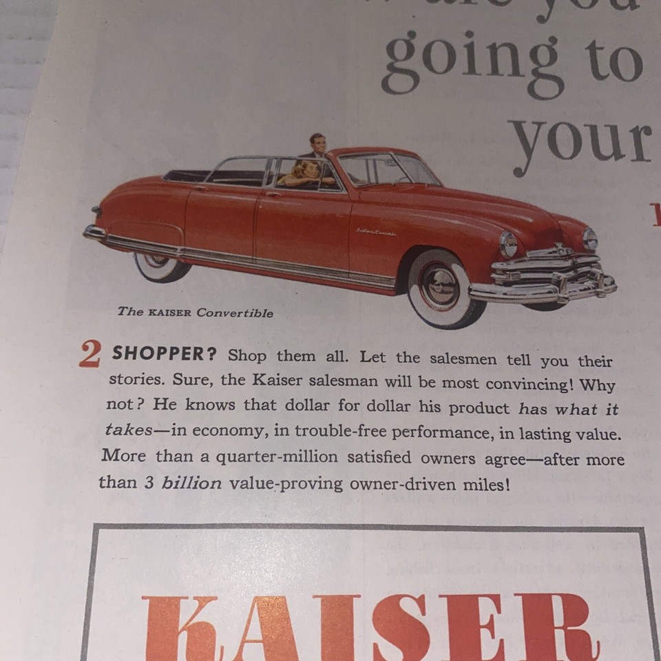 Vintage 1940s Kaiser Car Print Ad Convertible 1949 MCM Prop | eBay