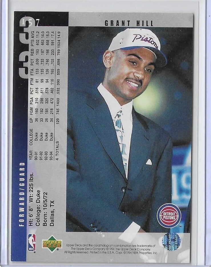 1994-95 Upper Deck Basketball Grant Hill Rookie Card #157 Detroit ...