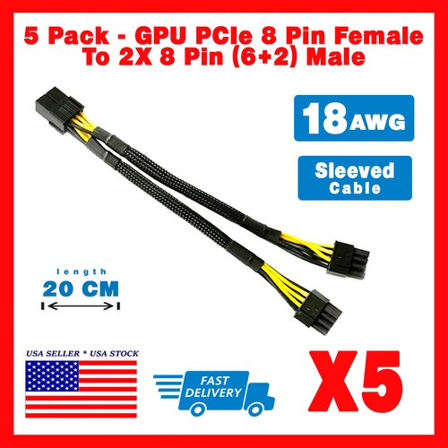 5-Pack 18AWG PCI-E 6pin to Dual 8-pin Y-Splitter Extension Cable GPU ...