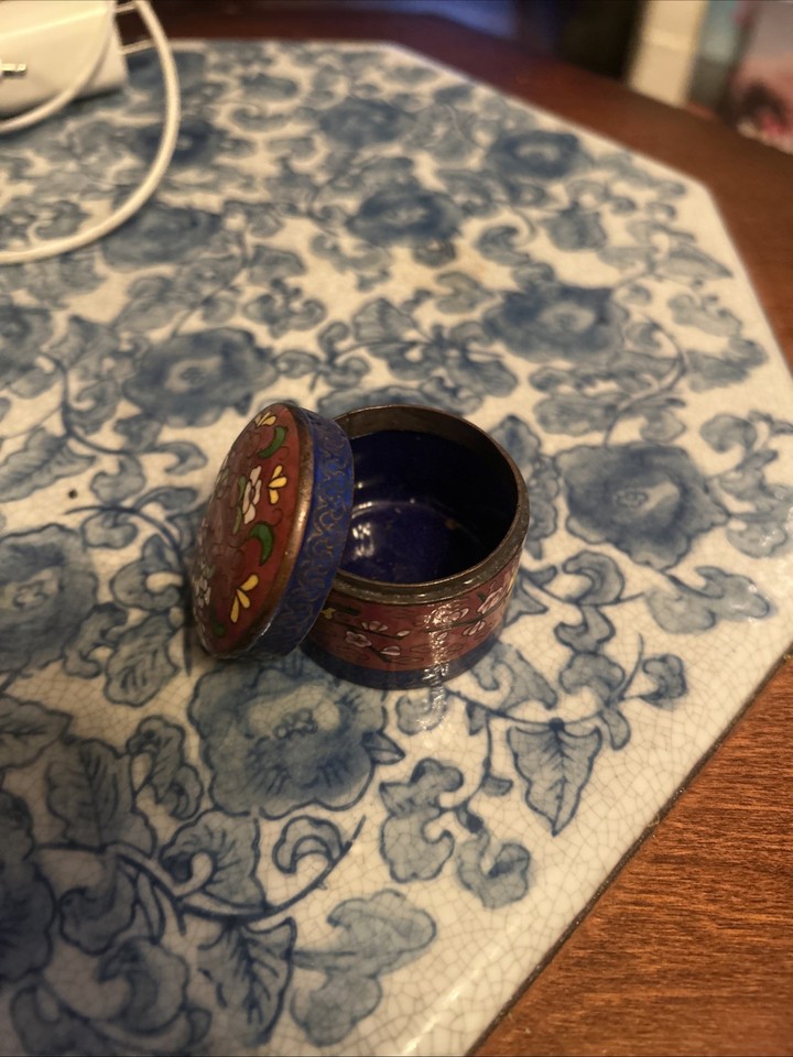 Vintage Chinese Box - Cloisonne Trinket Pill Box Red & Blue Asian Bird ...