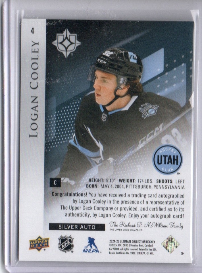 2024-25 Upper Deck Ultimate Collections Logan Cooley Auto #4 Utah ...