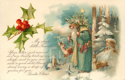 Christmas Postcard Green Robed Santa Claus Carries Christmas Tree ...