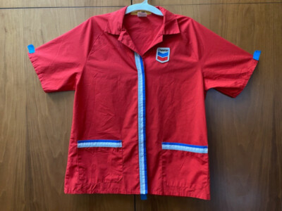 Vintage Red CHEVRON Gas Station Work Shirt MED Racing Stripe Oil Auto ...