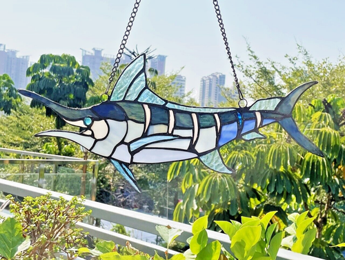 Tiffany Style Stained Glass SWORDFISH Window Panel Suncatcher Art Glass ...