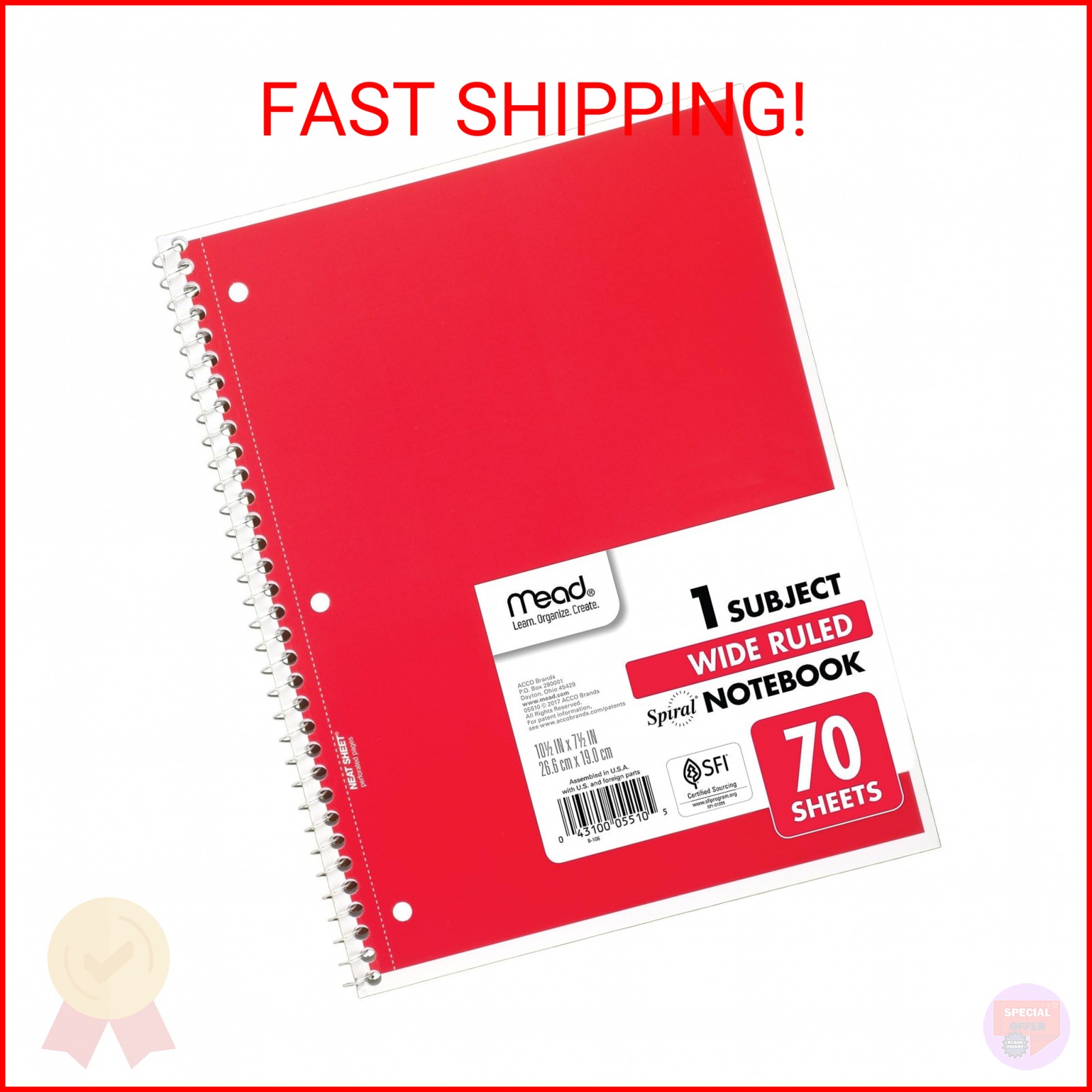 Mead Spiral Notebook, 1-Subject, Wide Rule, 70 Sh, 10-1/2"x8", Ast ...