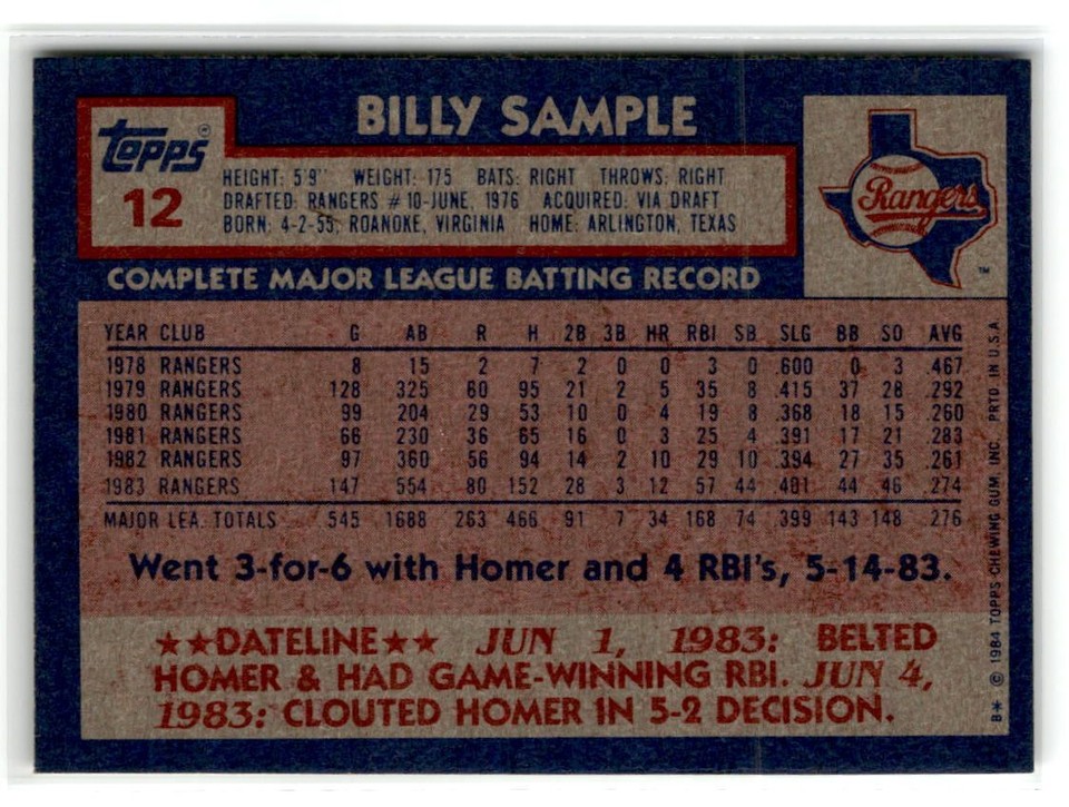 1984 Topps BASEBALL #12 Billy Sample Texas Rangers | eBay