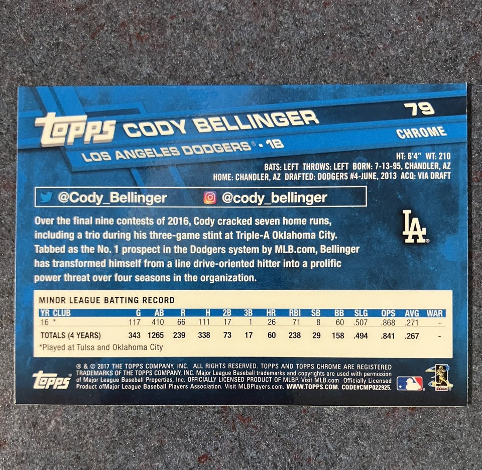 2017 CODY BELLINGER Topps Chrome Baseball Rookie Card #79 Los Angeles ...