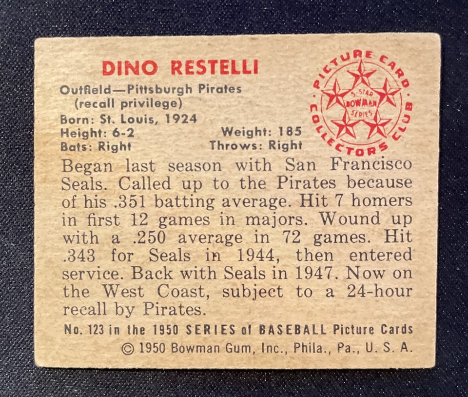 Dino Restelli 1950 Bowman #123 VG-EX Pirates | eBay