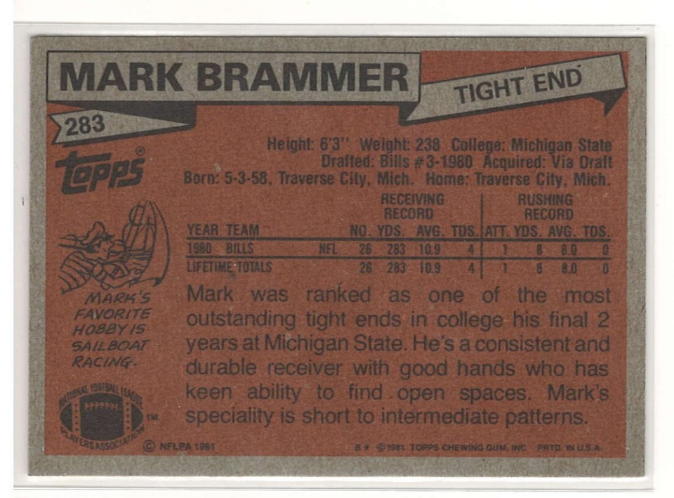 1981 Topps Football #283 Mark Brammer Buffalo Bills | eBay