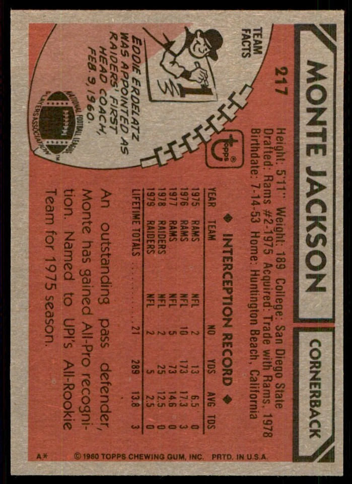 1980 Topps Monte Jackson Football Card Oakland Raiders #217 | eBay