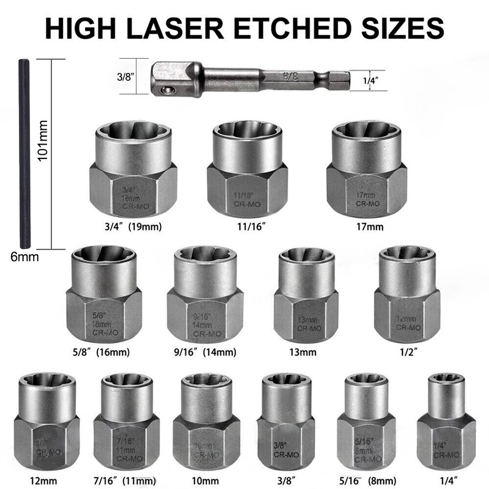 15pc Bolt Extractor Impact Socket Set 3/8" Dr Damaged/Rounded Nut ...