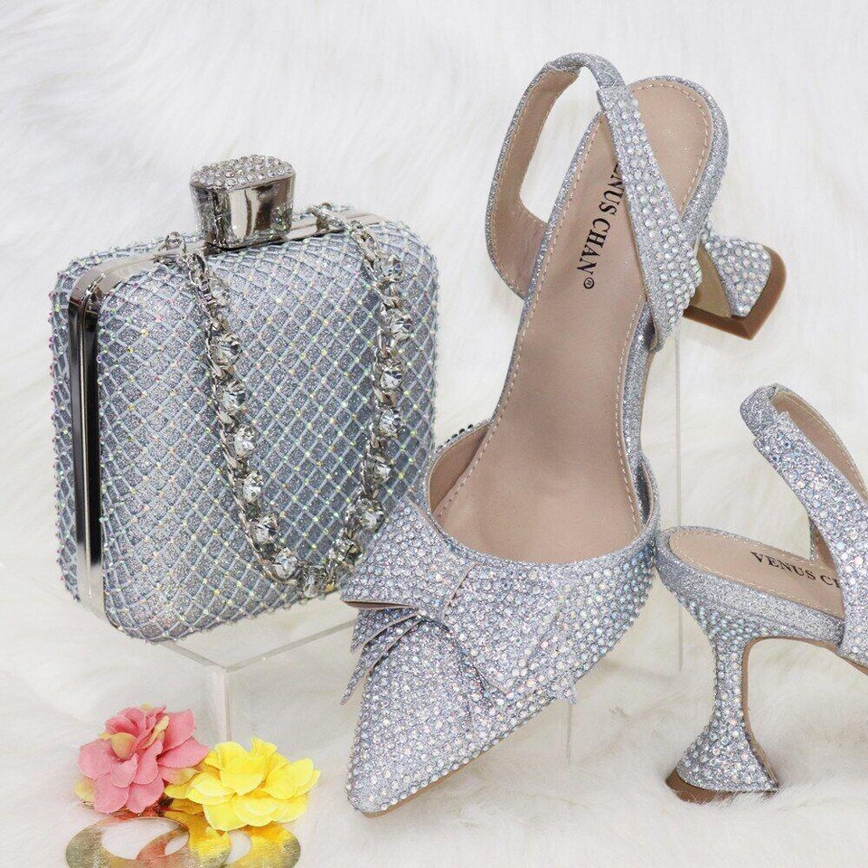 Womens Rhinestone Pointed Kitten Heel Sandals With Bag Set Party High ...