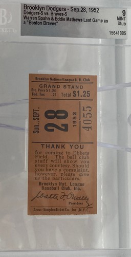 1952 Dodgers Jackie Robinson Win Pennant BAS Ticket Pass Braves Last GM ...