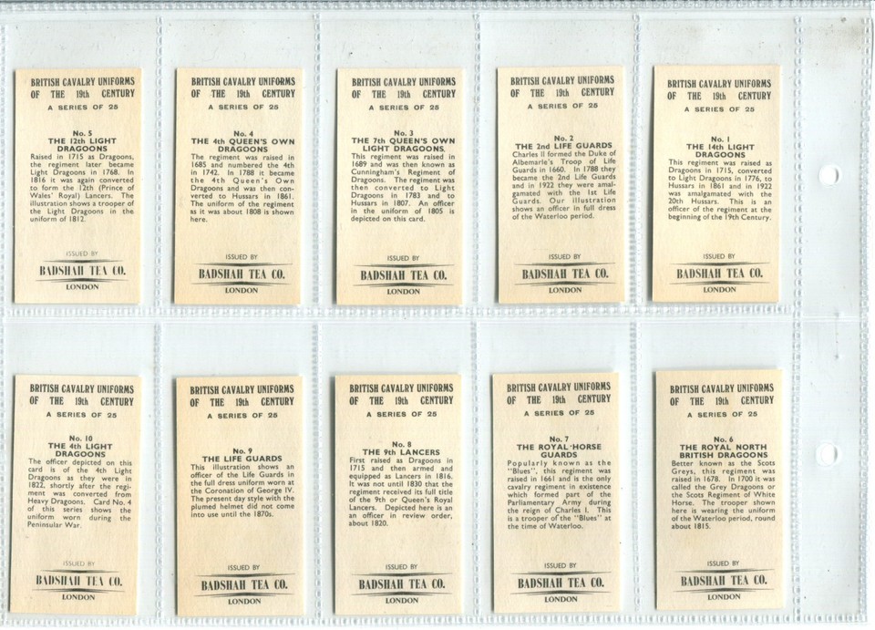 British Cavalry Uniforms of the 19th Century 1963 Badshah Tea Cards ...