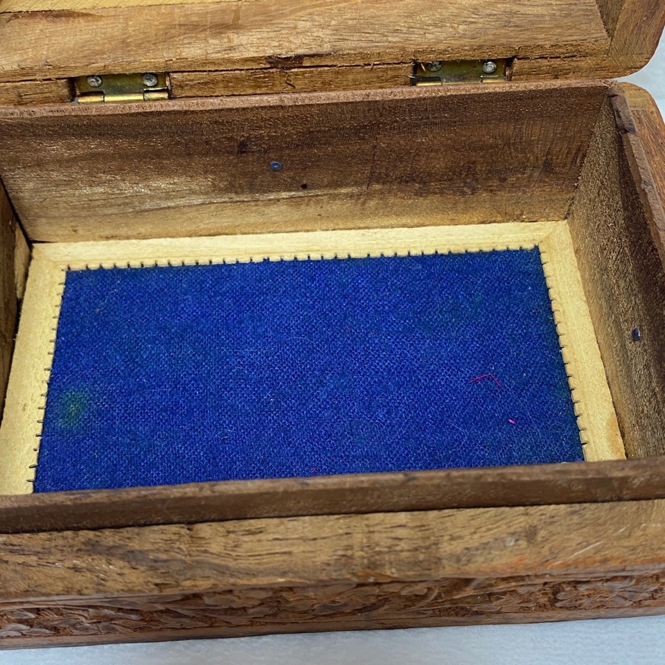 VTG Wooden Trinket Box Hand Carved Floral Inlay Jewelry Keepsake ...