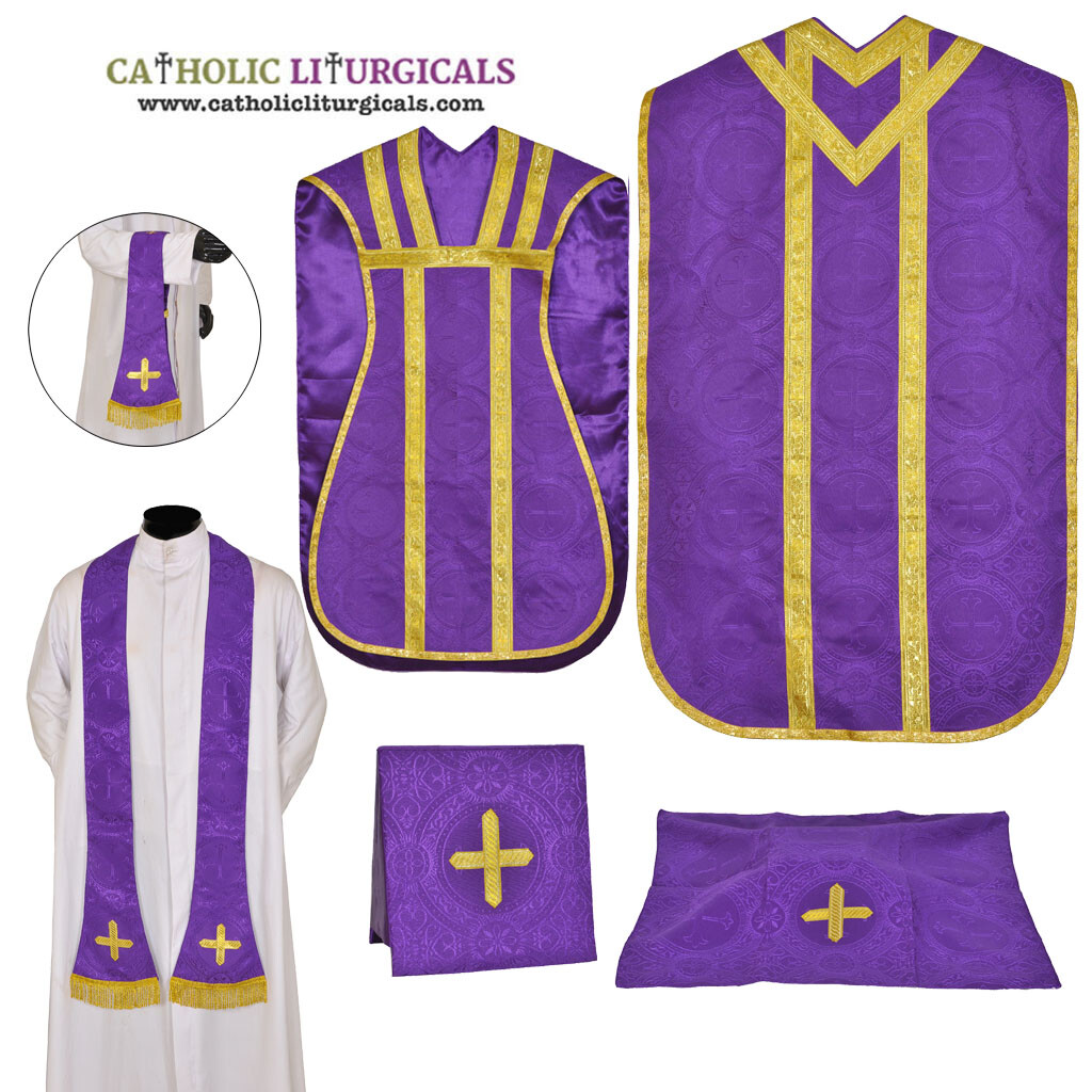 PURPLE Roman Chasuble Fiddleback Vestment 5pcs Mass set Casulla ...