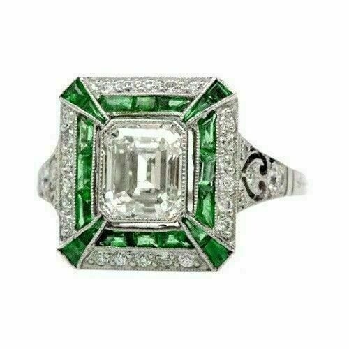 3CT Emerald Lab Created Diamond Art Deco Vintage Antique Ring 14K White ...