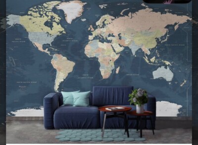 125" x 23" Adhesive Fabric World Map Mural Wall Sticker Vintage Home ...