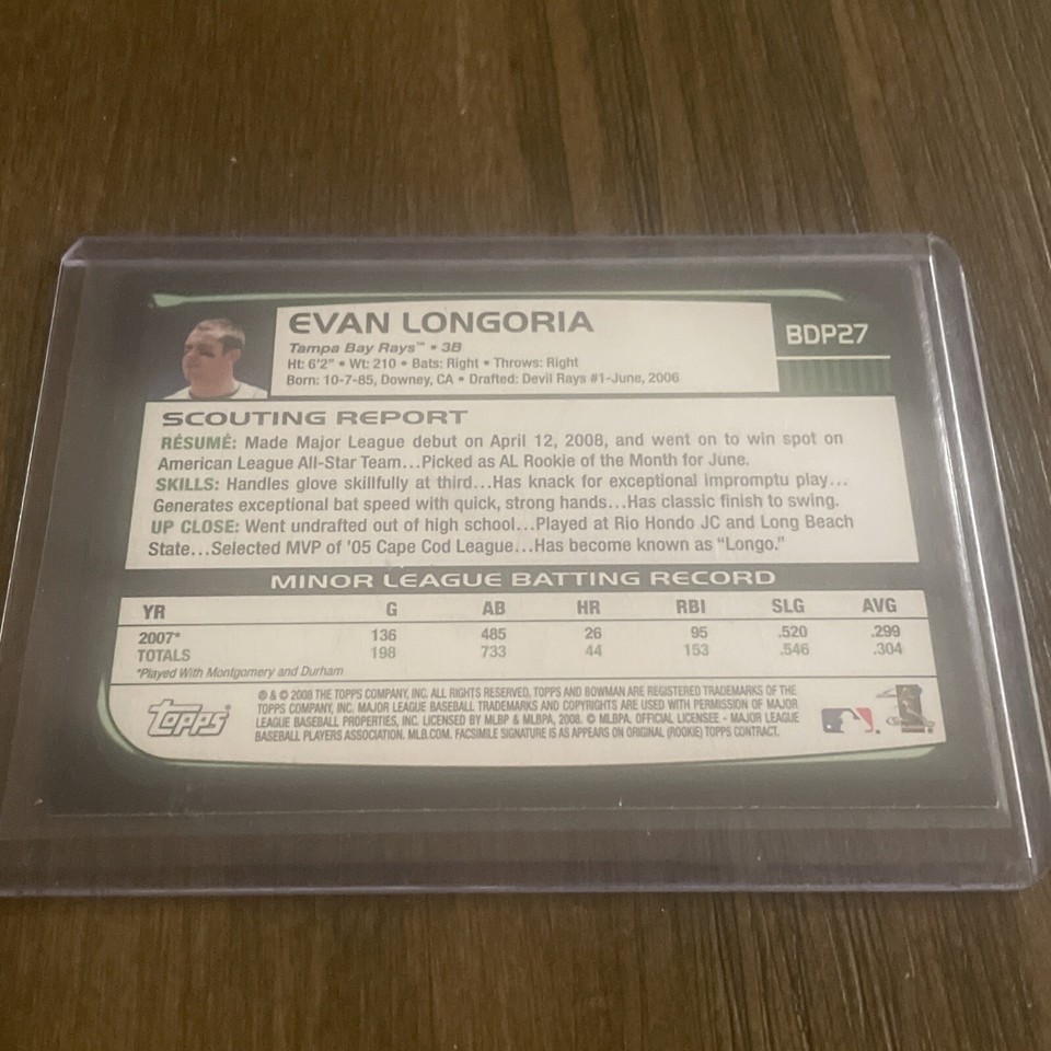 2008 Bowman Draft Evan Longoria Prospect Rookie Card RC #BDP27 Rays | eBay
