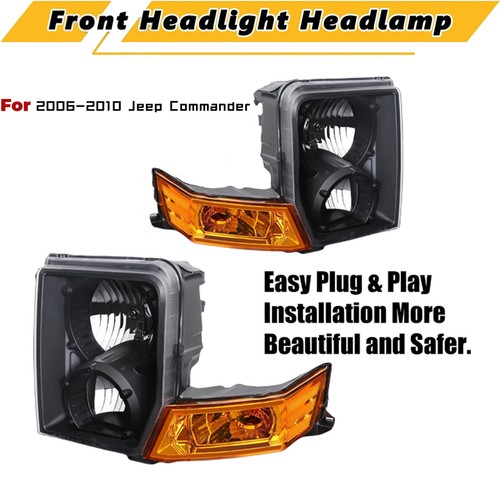 For 06-10 Jeep Commander Headlight Lamps Kit Black Housing Amber Lens ...