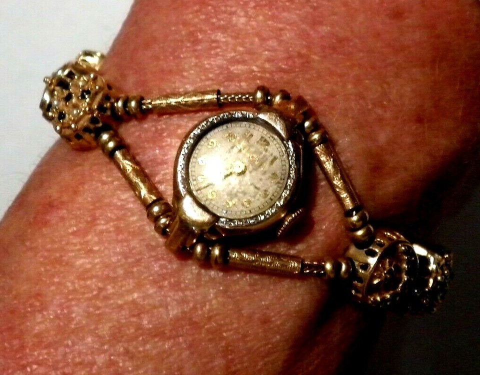Antique Slide Bracelet Watch SOLID 14K Slides 7" L 14KGF Manual Wind ...