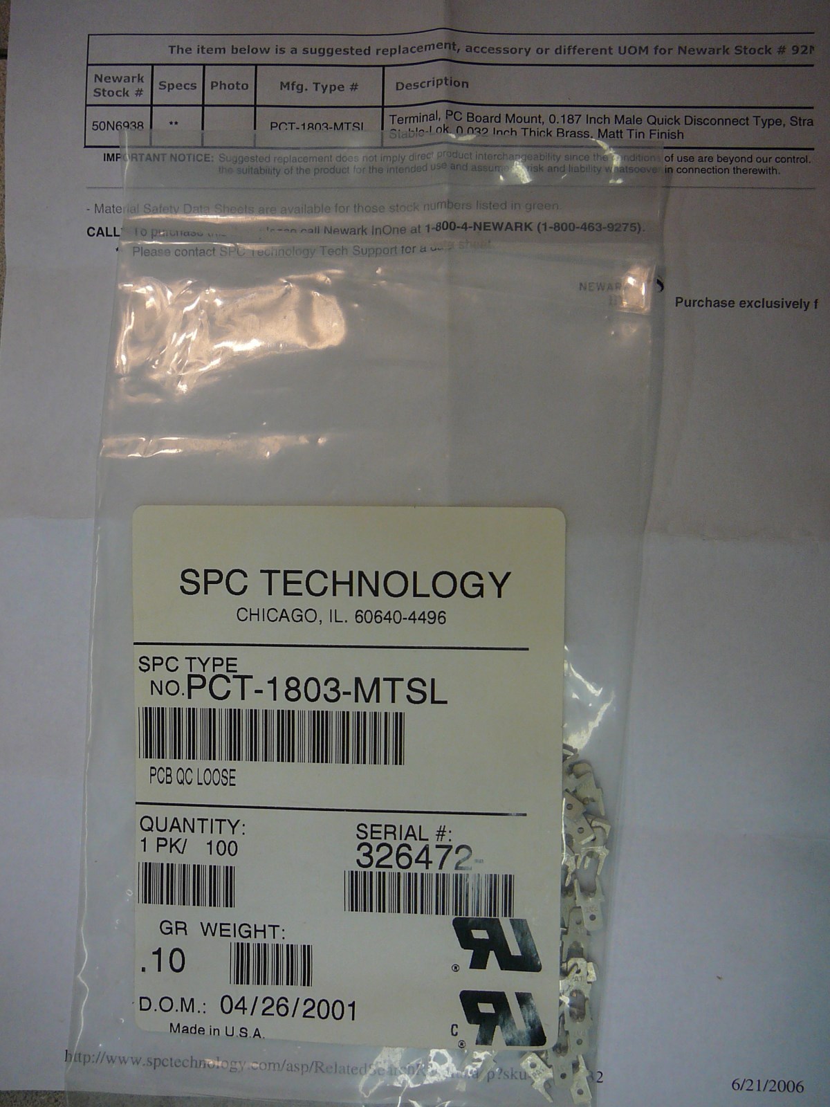 Terminal PCB 0.187" Male Quick Disconnect Type 0.032" Thick Brass *NEW ...
