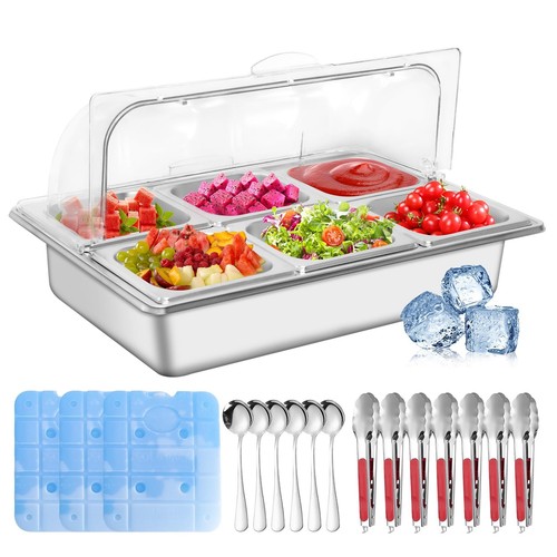 Ice Food Serving Display Tray with 6 Pan, Stainless Steel Salad Bar ...