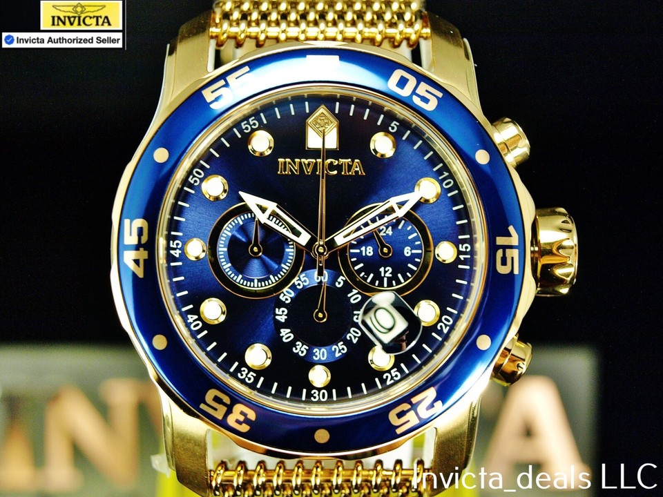 Invicta Men's 48mm Pro Diver SCUBA Chronograph BLUE DIAL Gold Tone MESH ...