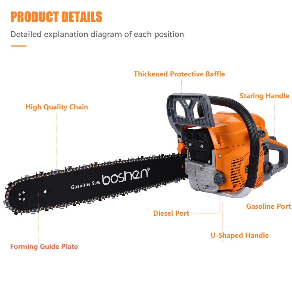 52CC 20" Gasoline Chainsaw Powered Wood Cutting Engine Gas Crankcase ...