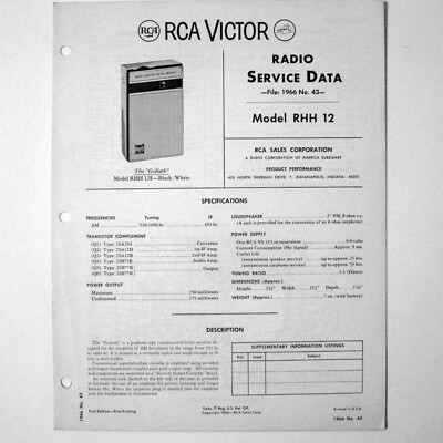 RCA ® Model RHH 12 Portable Transistor Radio Service Manual © 1966 | eBay