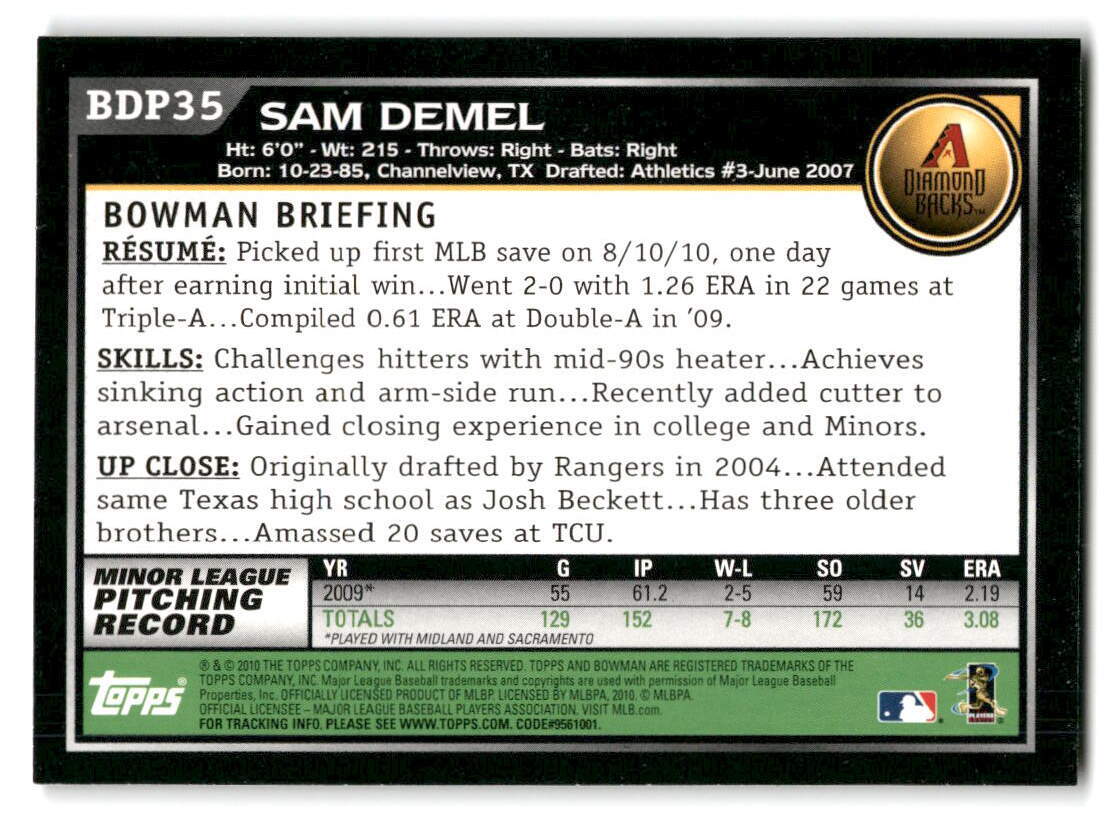 2010 Bowman Draft Picks & Prospects - Sam Demel #BDP35 (RC) for sale ...