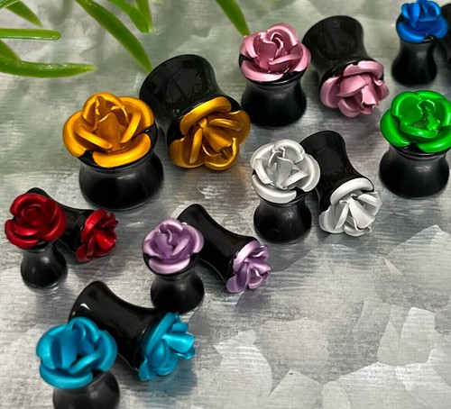 PAIR Acrylic Plugs w/ Metal Rose Gauges Tunnels Earlets Body Jewelry | eBay
