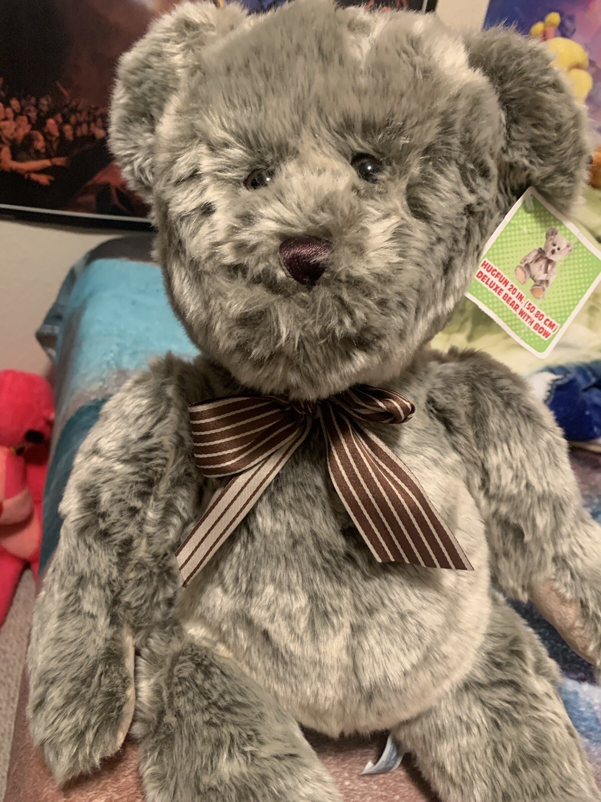 NEW HugFun Deluxe Teddy Bear Bow 20" Brand New w Tag Gray Brown Striped ...