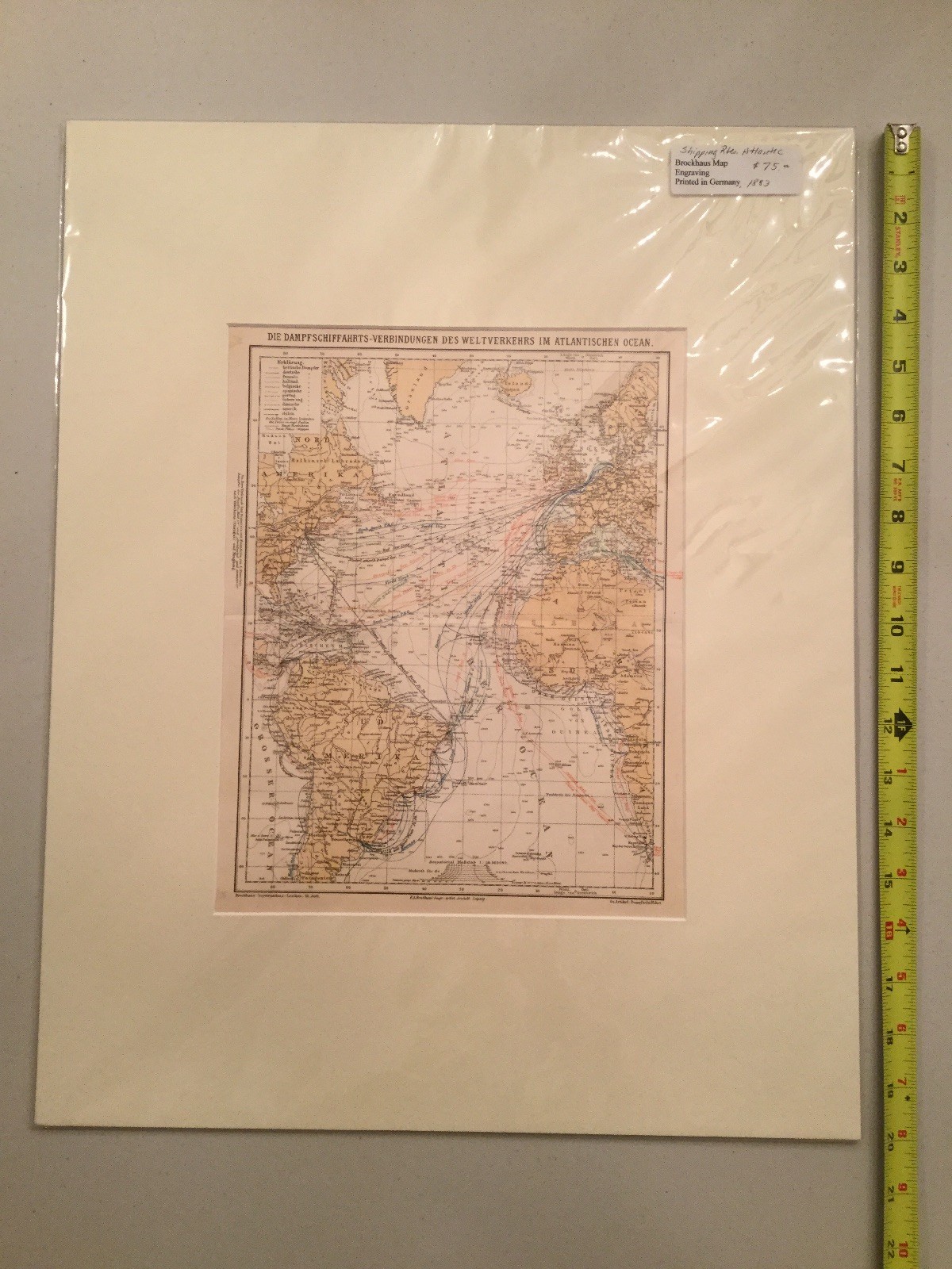 1883 Atlantic Nautical Shipping Routes Map; Antique; Germany; White ...