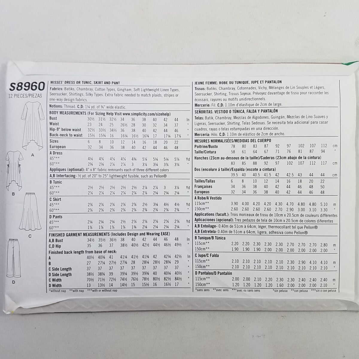 Simplicity 8960 Uncut Tunic Pant Skirt Pattern Handkerchief Lagenlook ...