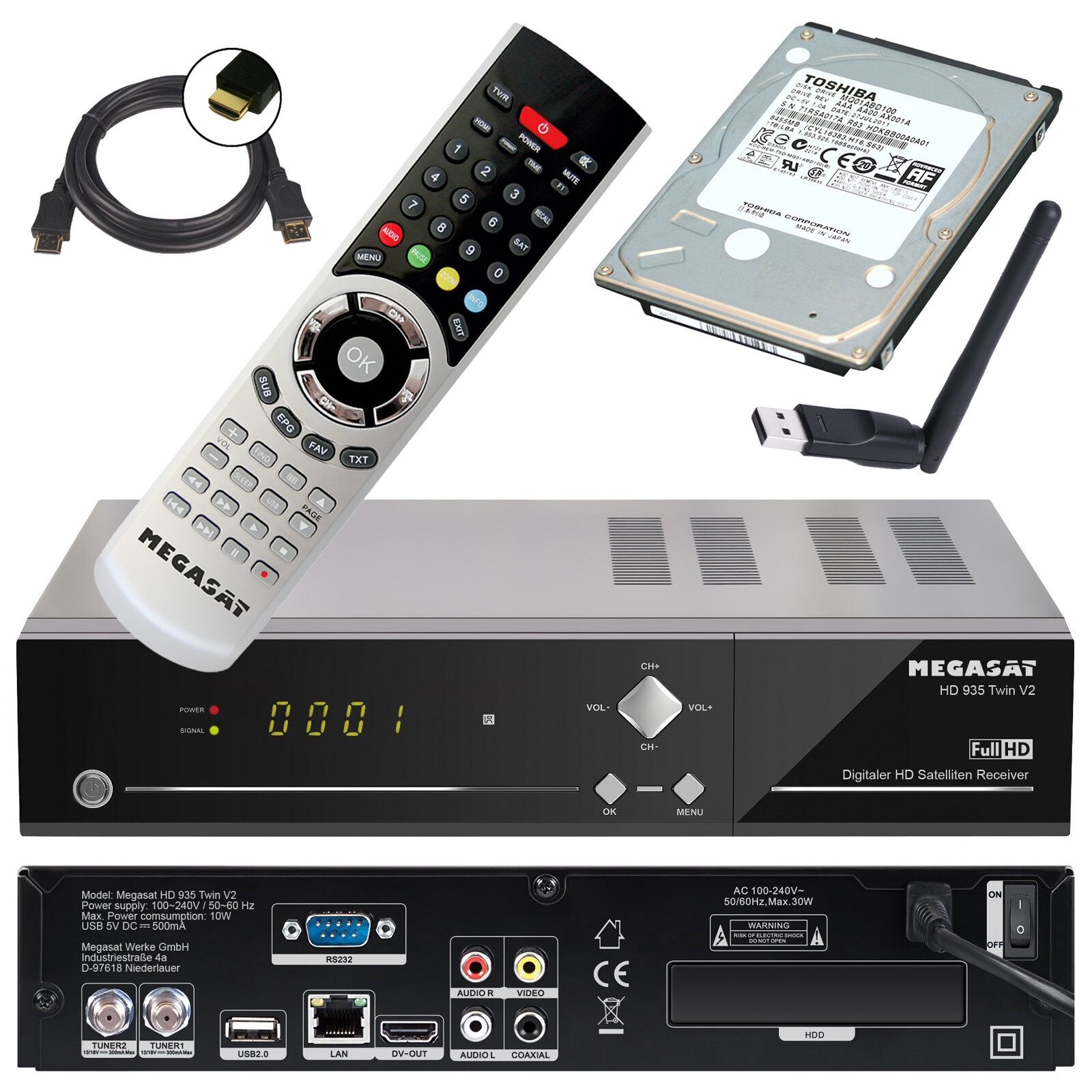 HD TWIN Sat Receiver Megasat 935, 1TB Festplatte, W-LAN Stick PVR Live ...