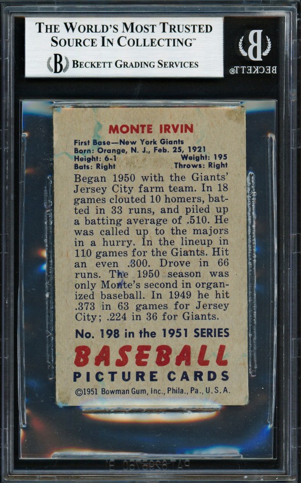 Monte Irvin Signed 1951 Bowman RC 198 New York Giants Beckett #18283457 ...