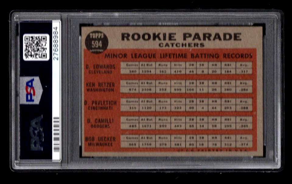 BOB UECKER 1962 TOPPS BASEBALL ROOKIE CARD #594 PSA 6 EX-MT HOF ...